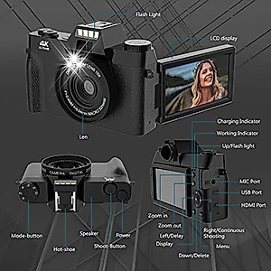 Vlogging Camera, 4K Digital Camera for YouTube with WiFi, 16X Digital Zoom, 180 Degree Flip Screen, Wide Angle Lens, Macro Lens, 2 Batteries and 32GB TF Card TopCamA03