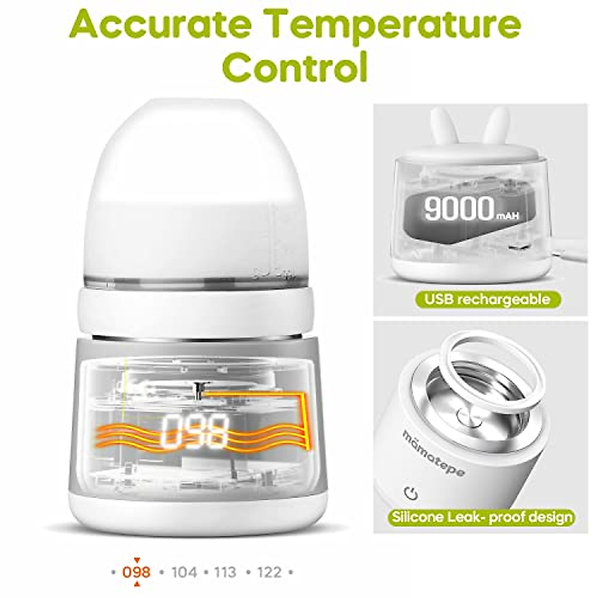 Mamatepe 2-in-1 Portable Bottle Warmer for Travel, Baby Milk Warmer on The go, Baby Brew Bottle Warmer for Breastmilk, Formula, Water, USB Rechargeable 4 Temperature Setting (Not Include Adapters)