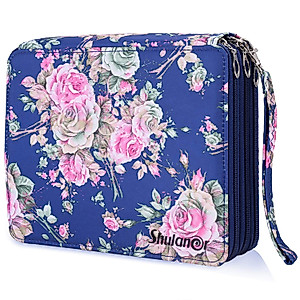 Shulaner 120 Slots Colored Pencil Case with Zipper Closure Large Capacity Blue Rose Oxford Pen Organizer Flower Pencil Holder