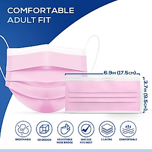 100PCS(2-Box) Cute Pink Disposable Earloop Face Masks for Adults,3-Ply Fabric (2-Layer Non-Woven,1-Layer Melt-Blown)w. Nose Clip,Anti-Dust,Water Proof,Single General Use (Other Color-Style Available).