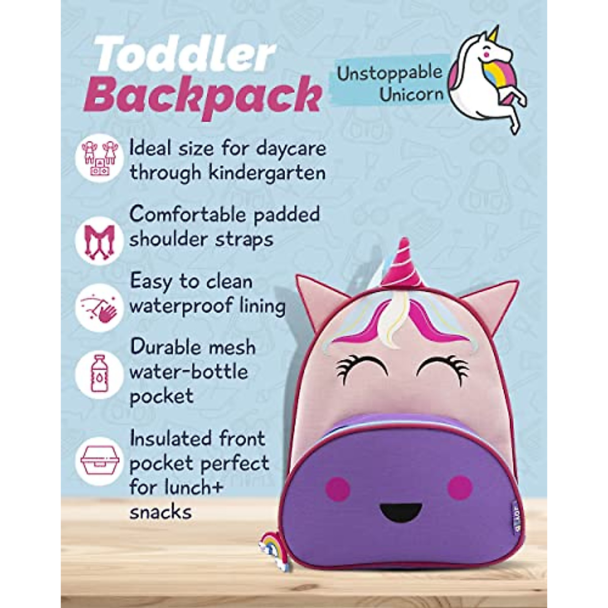 JOY2B Toddler Backpack for Girls and Boys - Unicorn Backpack for Girls and Boys - Kids Backpack for School Camp Travel - Preschool Backpack with Water Bottle Holder - Unstoppable Unicorn