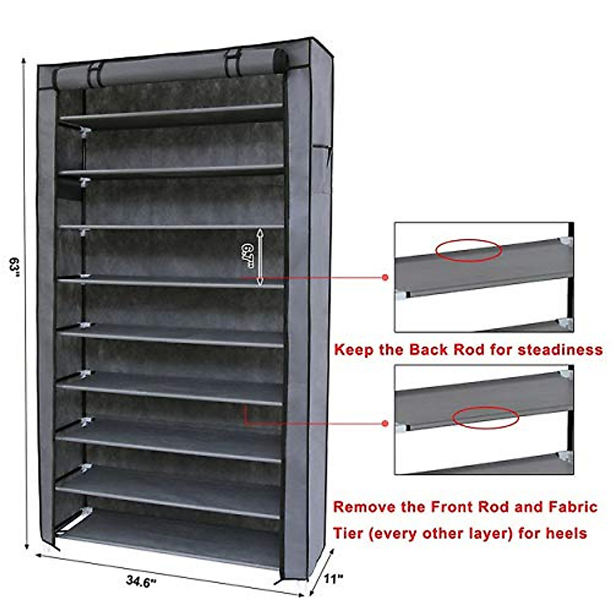 Xy Litol 10-Tier Shoe Rack Cabinet - 45 Pair Shoe Organizer for Entryway, Closet, Bedroom, and Hallway Grey