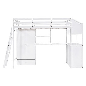 BIADNBZ Twin Size Loft Bed with Storage Wardrobe and Drawers, Wood Loftbed Frame w/Desk and Shelves for Kids/Boys/Girls/Teens Bedroom, White