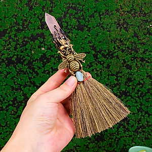 RJINGSHI Natural Crystal Magic Sweeper Rose Quartz Tower Broom 7.08"-7.87" Healing Crystal Point Witch Altar Supplies for Crystal Therapy Cleaning Bedroom Office Home Decor Gift