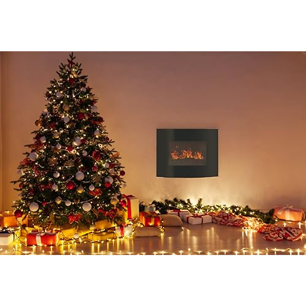 25.5-Inch Wall Mounted Electric Fireplace - Curved Glass Heater with Log Fuel Effect, Adjustable Flames, and Remote Control by Northwest (Black)