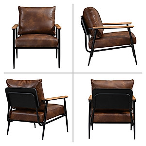 GYI Brown Leather Accent Chair Set of 2, 23.6'' Wide Armchair Set of 2, Industrial Black Metal Frame Accent Chairs with Wood Arms for Living Room, Bedroom