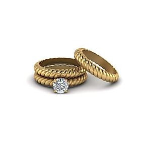 14K Yellow Gold Plated 925 Sterling Silver Vintage Rope Design Trio Wedding Ring Set His & Hers Women's Size 6 & Men's Size 10