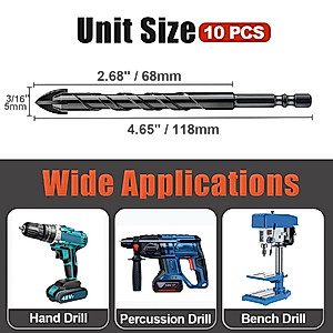 AVERZELLA 3/16" Tungsten Carbide Concrete Drill Bit Set with Four-Cross Edge& Hex Shank,10 PCS 5mm Drill Bits for Metal,Masonry Drill Bit Set 3/16 Inch for Tile/Ceramic/Glass/Mirror/Brick/Cement