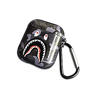 Shark Teeth Softshell Silicone Camouflage Airpods Case, IMD Case Shockproof Case Skin with Key Ring, Suitable for Apple Airpods 1 & 2 Charging Box (Black)
