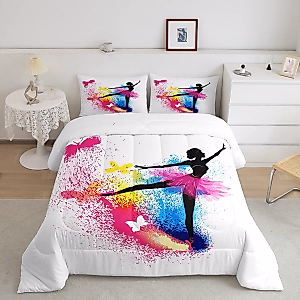 Ballet Girl Comforter Set for Kids Room Decor Watercolor Graffiti Butterfly Animal Bedding Comforter Queen Size Girls Women Gifts Soft Polyester Quilt Set with 2 Pillowcases