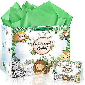 Baby Jungle Animals Gift Bag Green Welcome Baby Gift Bag Safari Baby Shower Wild Animal Paper Bags Newborn Birthday Wrapping Bag with Tissue Paper and Greeting Card for New Parents Gender Reveal Party