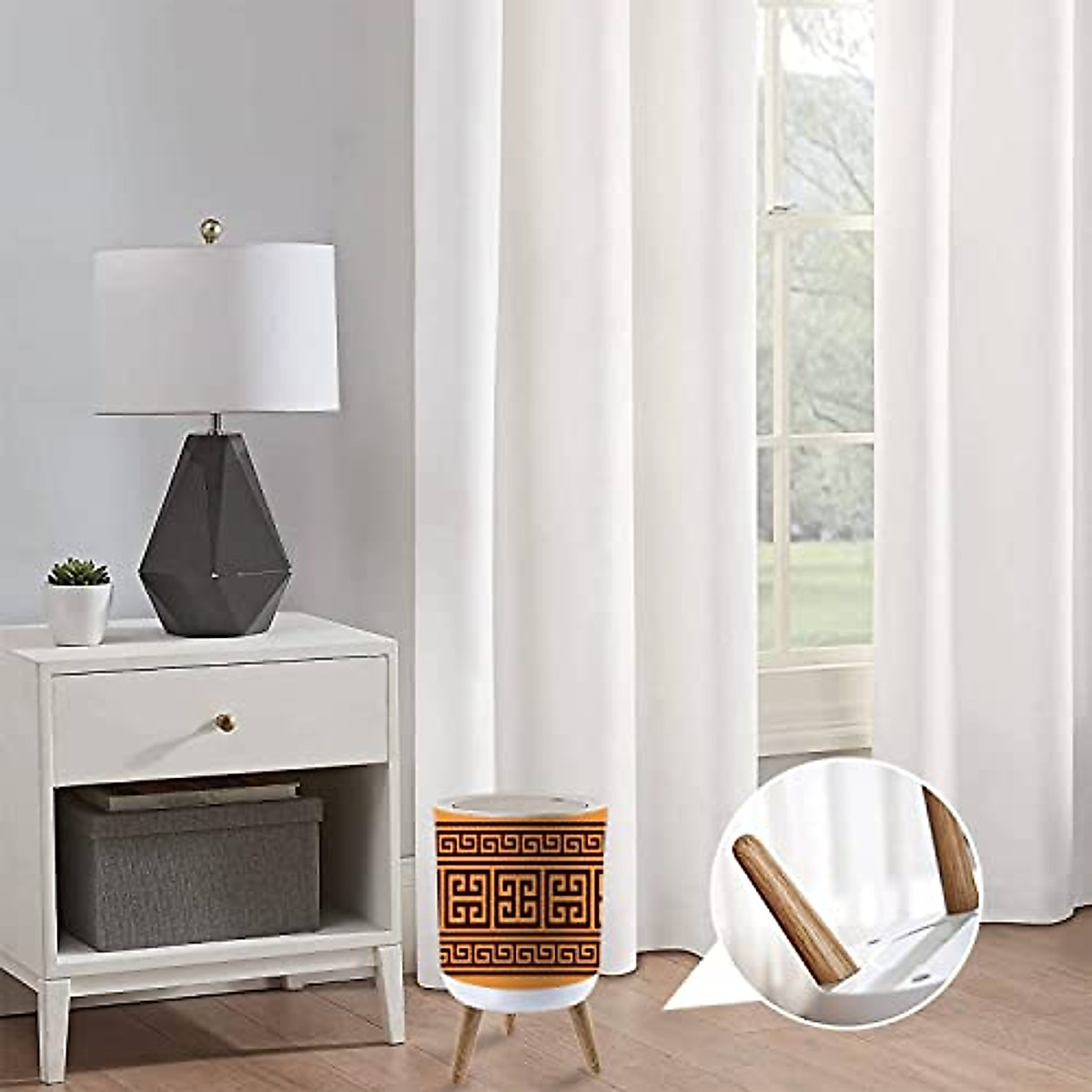 Small Trash Can with Lid for Bathroom Kitchen Office Diaper Greek key seamless design brown inspired by ancient Greece pottery art Bedroom Garbage Trash Bin Dog Proof Waste Basket Cute Decorative