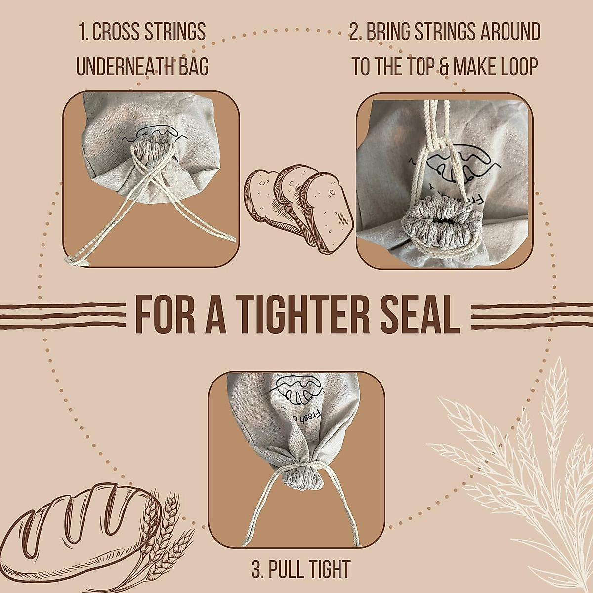 Simply H&K Linen Bread Bags [Pack of 3] with Inner Lining - Keeps Homemade Bread Fresh & Secure - Perfect for Sourdough & Gift Giving - Set of Reusable Bread Bags