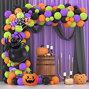 Halloween Latex Balloon Garland Arch Kit-Orange Purple Black Green Confetti balloons with Pumpkin Foil Balloon,Bat foil balloon,Spider web for Halloween party