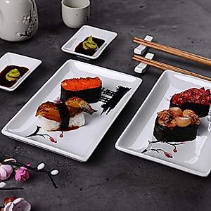 Panbado 8 pcs Sushi Plate Set, Porcelain Sushi Sets Japanese Style, Gift Box Include 2 X Sushi Plates(240 ml), 2 X Dip Bowls(60 ml), 2 X Chopstick Rest, 2 Pairs of Bamboo Chopsticks