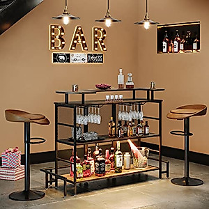 Furnideco Industrial Home Bar Unit, 3 Tier Liquor Bar Table with RGB LED Lights and Wine Storage Display Shelf with Glass Holder Footrest, and Metal Footrest Wine Rack for Kitchen Living Room