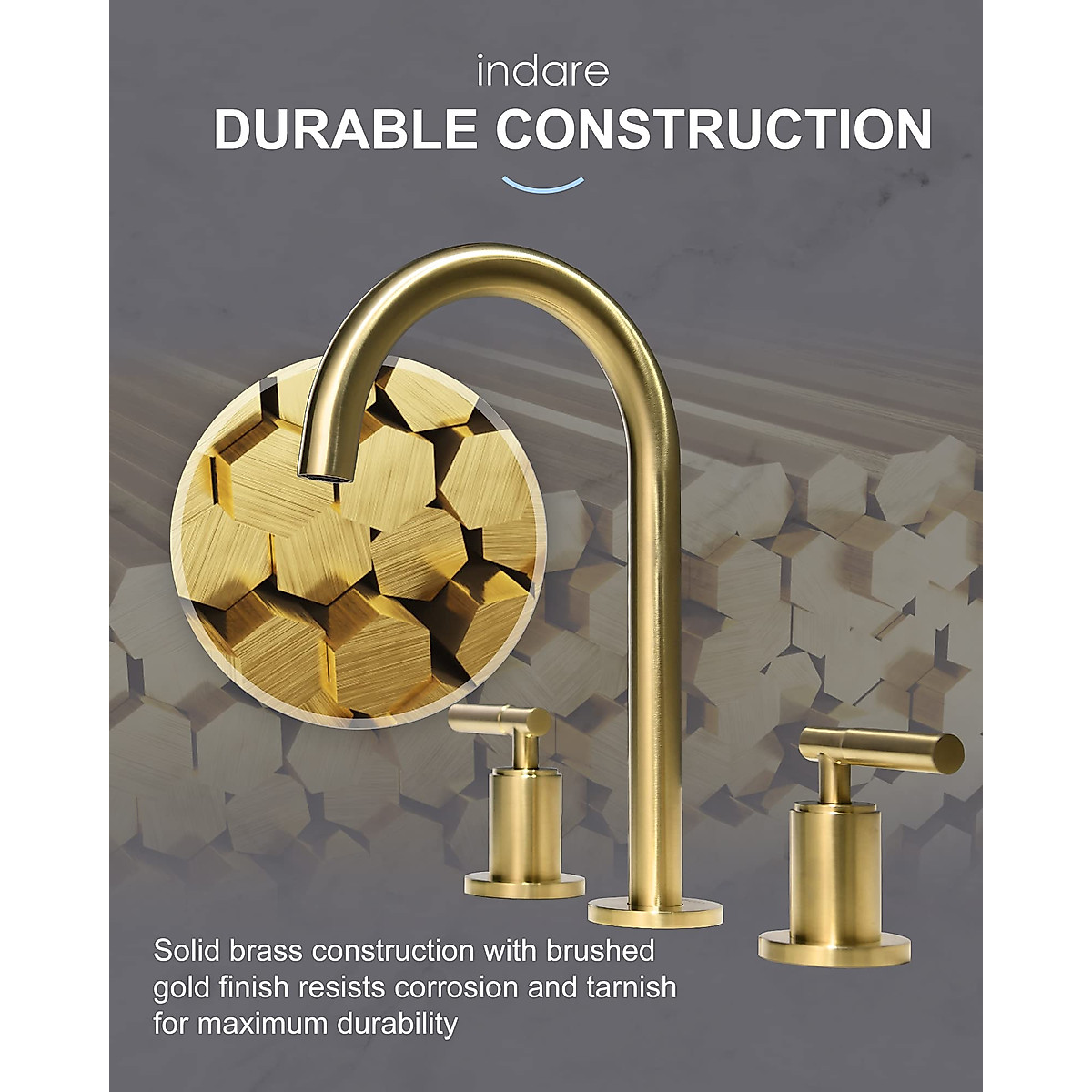 Brushed Gold Bathroom Faucet, Indare Two Handles 360° Swivel Spout Widespread 4Inch 8Inch Brass Bathroom Sink Faucet 3 Hole with Pop-Up Drain and Water Supply Lines, Upgraded Style