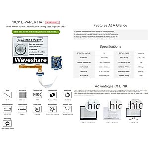 waveshare 10.3inch E-Paper E-Ink Display HAT Compatible with Raspberry Pi4B/3B+/3B/2B/B+/A+/Zero/Zero W/WH/Zero 2W 1872×1404 Pixels Black/White 2-16 Grey Scales USB/SPI/I80 Supports Partial Refresh