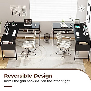 PRAISUN L Shaped Office Desk with Power Outlets, Reversible Computer Desk with Grid Bookshelf and Storage Bag, Gaming Desk, Home Office Desk Corner Desk with Hooks, Black