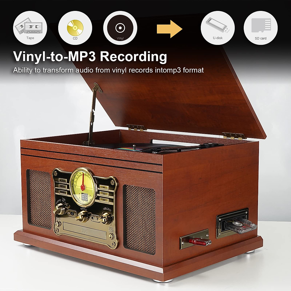 3-Speed Bluetooth Turntable with Stereo Speakers, CD/Cassette Player, FM Radio and Wireless Music Streaming - Mahogany