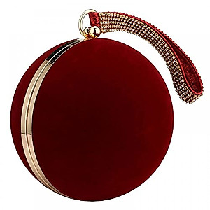 Velvet Evening Clutch Round Party Handbag Shoulder Bag Wedding Handbag Ball Clutch Purses for Women (Wine Red)