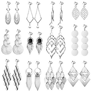 12 Pairs Clip on Drop Dangle Earrings Set Bohemian Tassel Pendant Clip Earrings Plated Ear Clips Non-Piercing Pendant Earrings for Women (Silver)