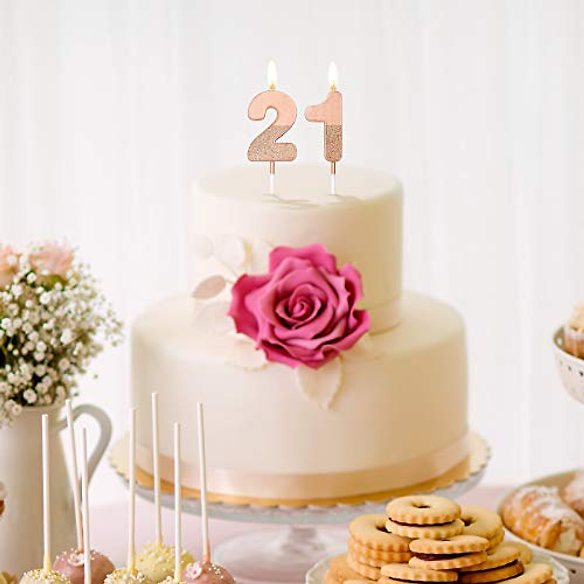 BBTO 21st Birthday Candles Glitter Cake Numeral Candles 21st Birthday Cake Topper Decoration for Birthday Wedding Anniversary Celebration Favor, Rose Gold