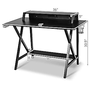 Tangkula Gaming Computer Desk with Monitor Shelf, Gaming Table Workstation with Cup Holder Headphone Holder & Built-in Power Strip, Computer Workstation Writing Desk Home Office Desk, Black