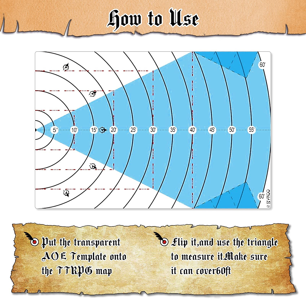 Byhoo Spell AOE Damage Template DND Area Effect Markers Upgraded 60ft AOE Area Damage Measure Tool Tabletop Game Mat Accessories for Dungeons and Dragons 5E Pathfinder