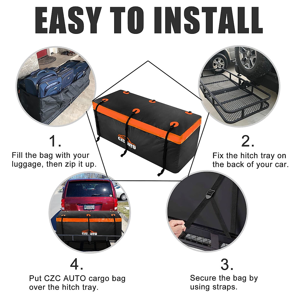 CZC AUTO Hitch Cargo Carrier Bag, 20 cu. ft Waterproof/Rainproof/Weatherproof Cargo Traveling Bag for Car Truck SUV Vans' Hitch Tray and Hitch Basket, Safe Steady Durable Soft, Black-Orange