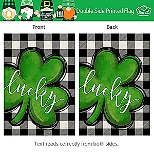 CROWNED BEAUTY St Patricks Day Garden Flag 12x18 Inch Double Sided for Outside Small Burlap Green Shamrock Lucky Black White Buffalo Plaid Yard Holiday Flag CF737-12