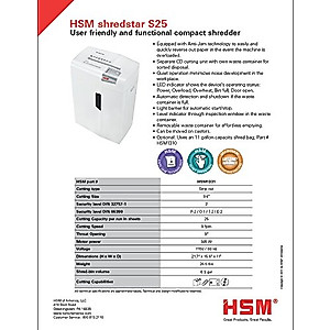 HSM shredstar S25 Strip-Cut Shredder; Shreds Up to 25 Sheets; 6.9-Gallon Capacity Shredder, White