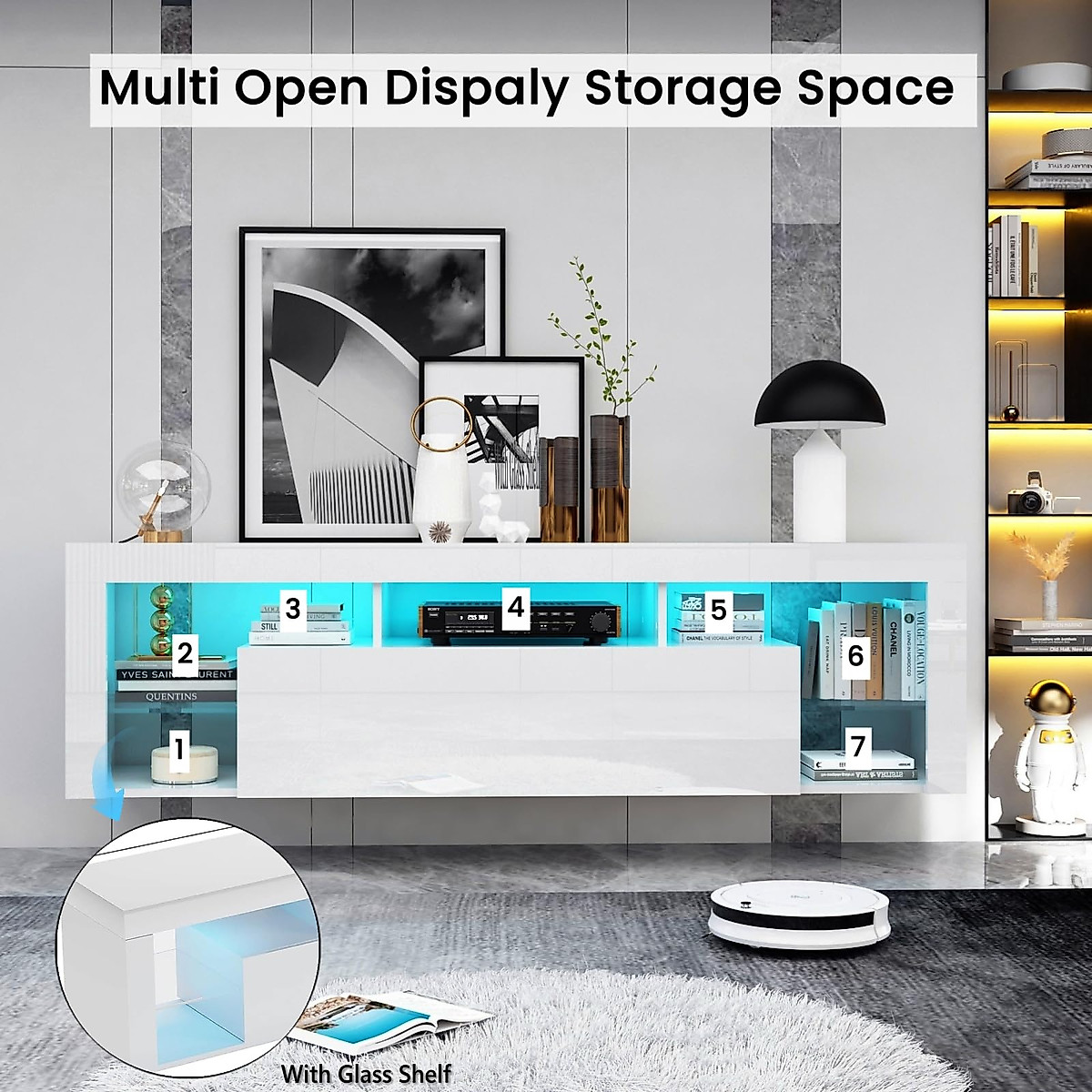 Gitua Floating TV Stand Wall Mounted, High Gloss LED Floating Entertainment Center with Storage&Adjustable Glass Shelf, TV Stand for 65 Inch TV, Gaming Media Center Console Table with Lights, White