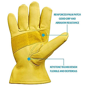 Leather Work Gloves Stretchable Wrist Tough Cowhide Safe Working Glove (3, Large)