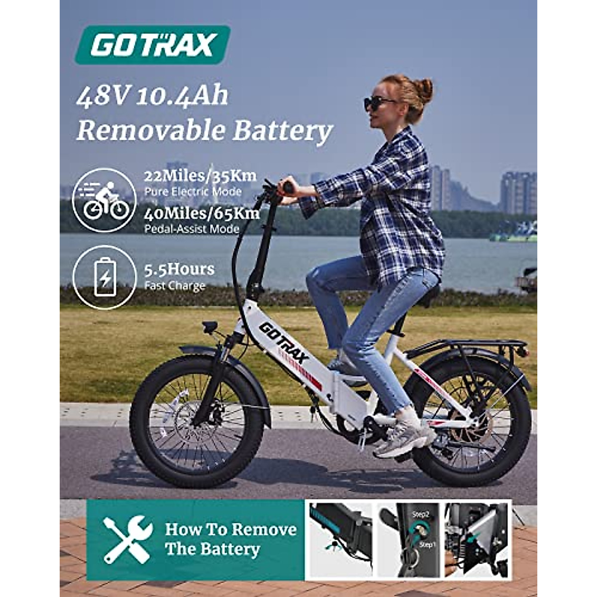 Gotrax R2 20" Folding Electric Bike with 55 Miles (Pedal-assist1) by 48V Battery, 20Mph Power by 500W, LCD Display and 5 Pedal-Assist Levels, 7-Speed & Front Shock Absorber for Off-Road Bicycle White
