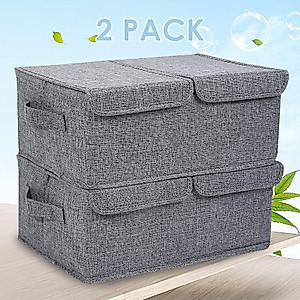 Holulo 2 Pack Fabric Storage Boxes with Removable Divider ,Collapsible Cotton Linen Storage Bins Organizer Containers Baskets Cube with Lids and Handles for Clothes Books Toys Closet Shelves Organiser, Grey