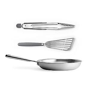 Misen Stainless Steel Cookware Bundle - Includes 12" Stainless Frying Pan, Fish Spatula, Stainless Tongs - Metal, Stainless Steel, Non-Stick, Left-Handed - Cookware Accessories, Kitchen Gadgets
