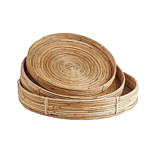 MY SWANKY HOME Elegant Set of 3 Woven Cane Rattan Trays Round Flat Baskets Natural 22 in Boho