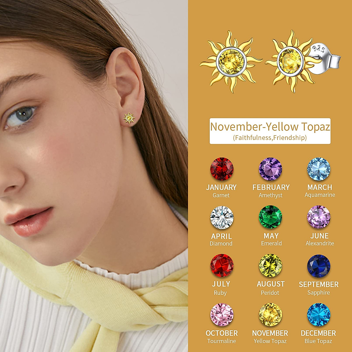 ChicSilver Citrine Earrings November Birthstone Earrings 925 Sterling Silver Sun Earrings Gold Stud Earrings for Women