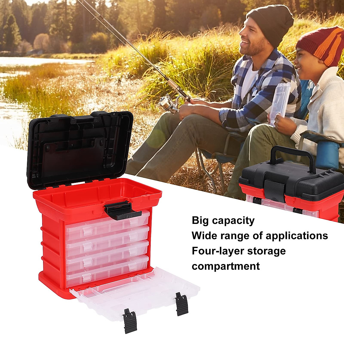EVTSCAN Portable 4 Layer Fishing Tackle Box with Handle, ABS Impact Resistant Case, 4 Utility Boxes for Outdoor Fishing Storage Bait and Tackle Organizer, Red