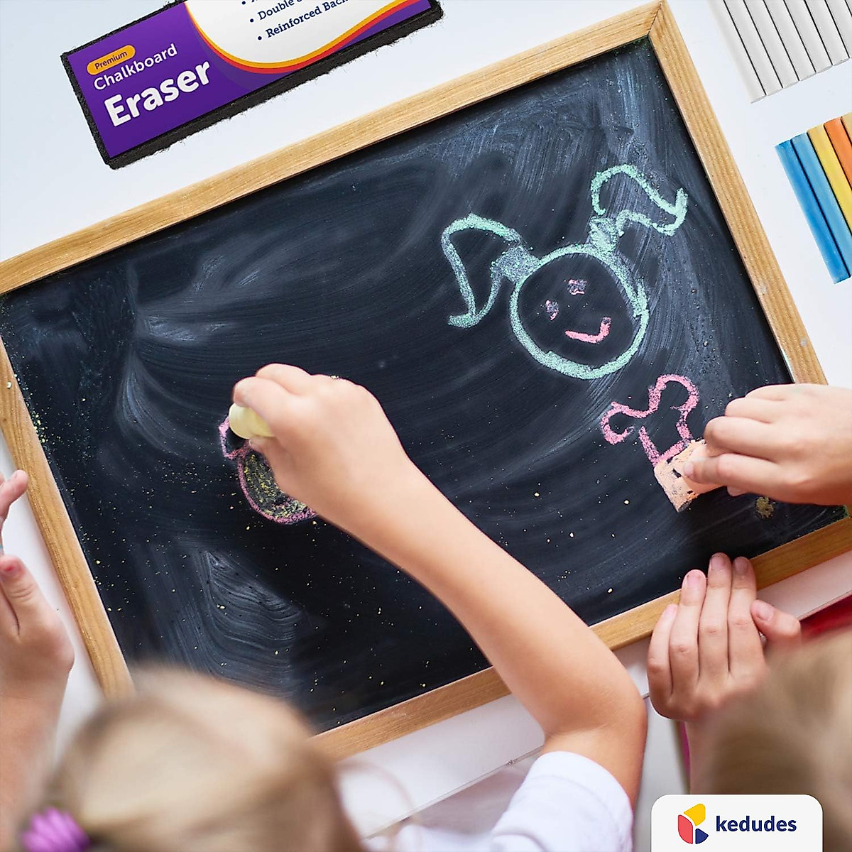 Kedudes Non-Toxic Dustless Chalk with Eraser (24 pack) - 12 Colored Chalk + 12 White Chalkboard Chalk and Chalk Board Eraser for Teachers, Sidewalk Chalk for Kids, Outdoor Chalk, School Supplies Chalk