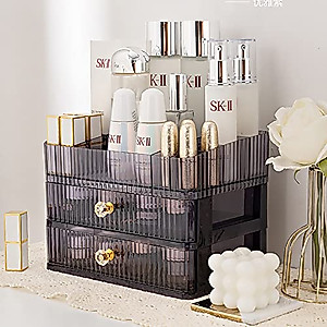 KchThass Acrylic Makeup Organizer with 2 Drawers,Cosmetic Display Cases for Vanity,Skincare Organizers Countertop,Desk Storage Holder for Perfume,Lotion,Lipstick,Brushes (3-Layer,Purple)