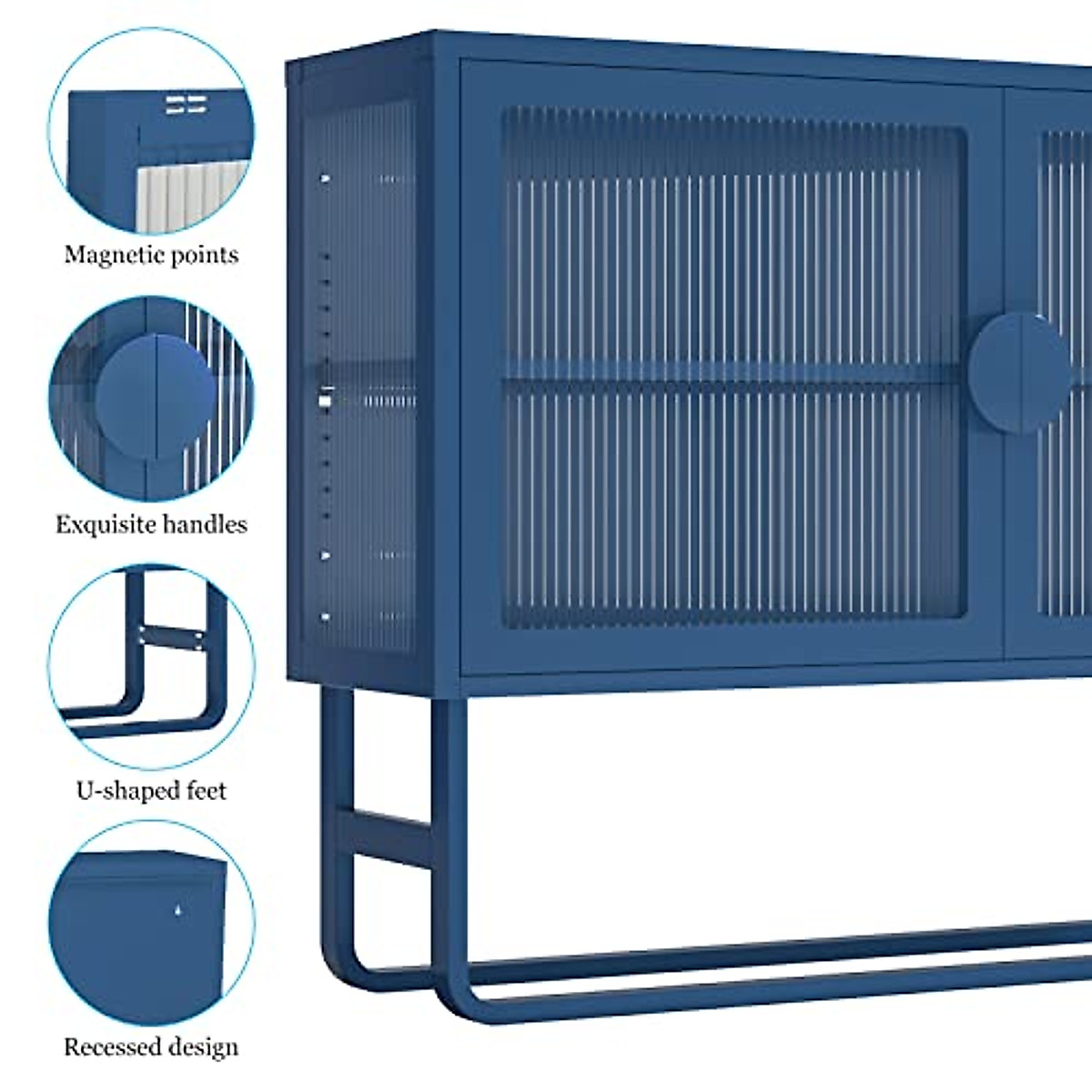 Double Glass Door Storage Cabinet, Retro Style Sideboard Buffet Cabinet with U-Shaped Leg Cold-Rolled Steel Cupboard Console Table with Adjustable Shelf for Living Room Dining Room Kitchen, Blue