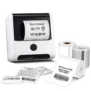 Memoqueen Label Maker Machine with 3 Roll Labels M200 Portable Label Makers, Upgrade 3 Inch Bluetooth Thermal Barcode Label Printer for Small Business/Home Use, for Retail, Logo, Labeling, Name, White
