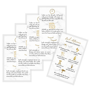 Lash Extension Aftercare Instructions Cards | 50 Pack | Double Sided Size 3.5 x 2" inches After Care (2-3 Week Fillers) | Marble Look with Gold Icons Design