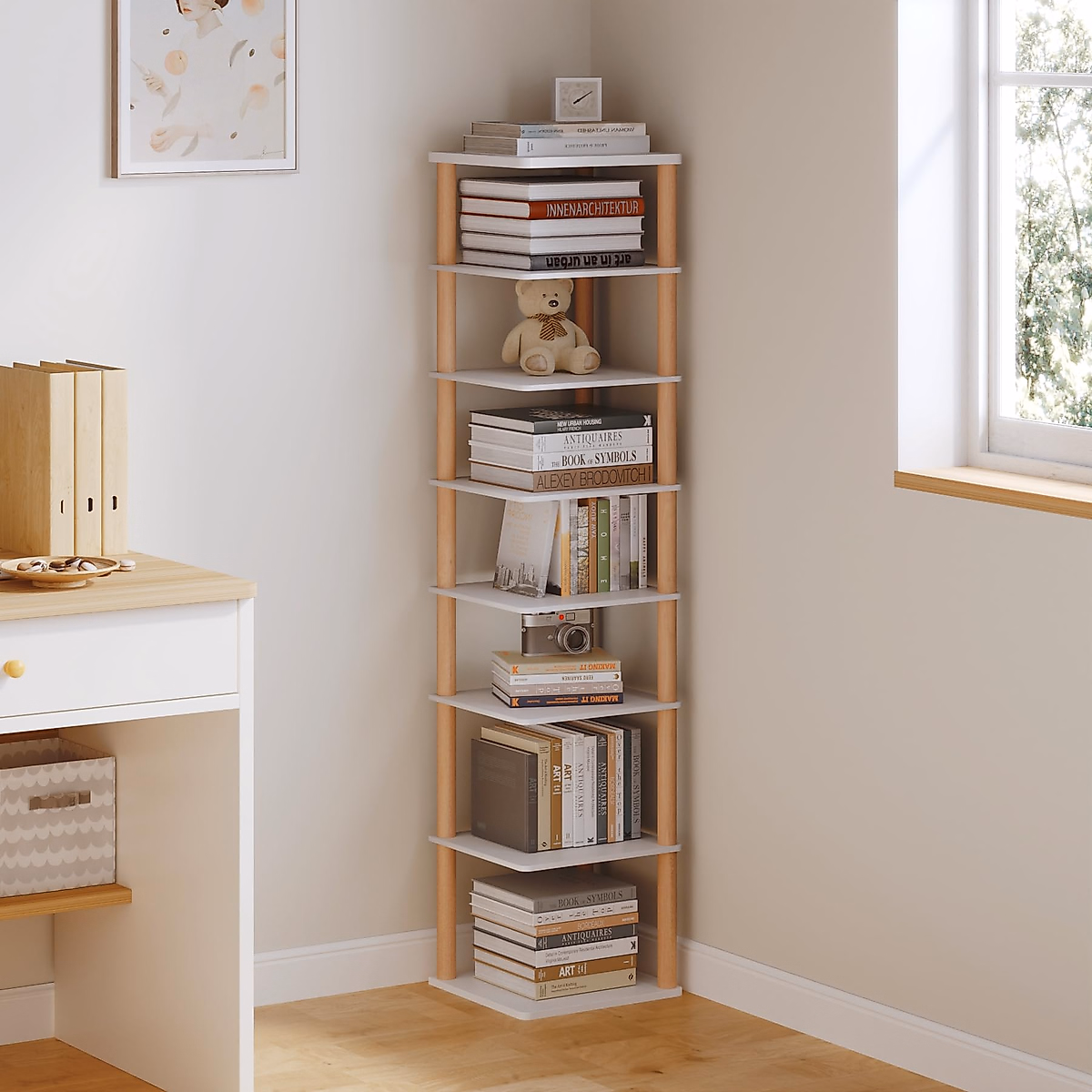 NUTMAK 8 Tiers Narrow Shoe Rack, Wooden Shoe Organizer for Closet Front Door Entrance Entryway, Space Saving Tall Storage Rack, Free Standing Vertical Shoe Shelf for Small Spaces White.