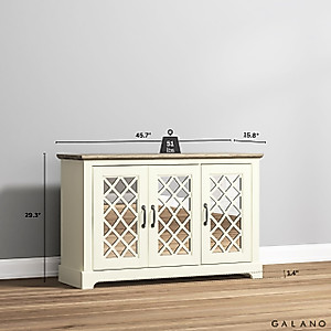 Galano Millicent 3 Door Sideboard with Acrylic Mirrors, Kitchen Buffet Cabinet, Farmhouse Coffee Bar Display Cabinet for Home Kitchen, Living Room, Dining Room and Hallway, Ivory Knotty Grey Oak
