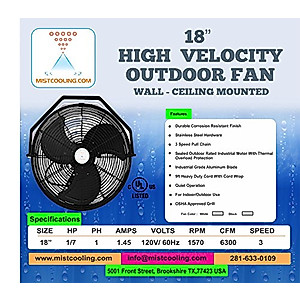 Misting Fan - Patio Mist Fan - Outdoor Mist Fan - For Residential, Commercial, Restaurant and Industrial Misting Application (18 Inch Black Fan)