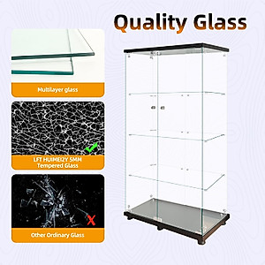 LFT HUIMEI2Y Glass Display Cabinet 4-Shelf with Double Door, Curio Cabinets Fast Installation in 30 Mins, Tempered Glass Floor Standing Bookshelf for Bedroom, Living Room 64.7”x 32”x 14.4” Black