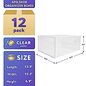 APQ 12 Pack Shoe Organizer Boxes 13.9" x 15.3" x 6.9", Ventilated Clear Shoe Box Organizer, Durable Plastic Shoes Organizer, Roomy and Stackable Shoe Boxes Set of 12, Easy to Open Shoe Storage Box